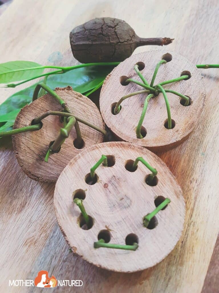 DIY nature weaving wood slices for natural fine motor skill development